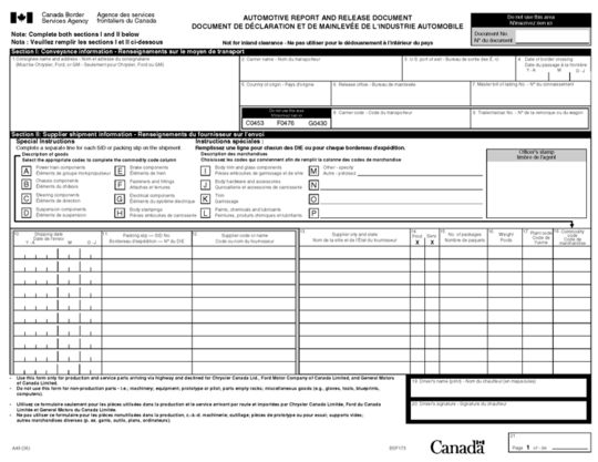A49 Automotive Release (CBSA Shipment Type) - BorderConnect Wiki