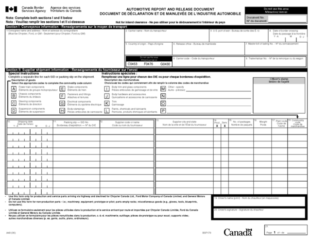 A49 Automotive Release (CBSA Shipment Type) - BorderConnect Wiki