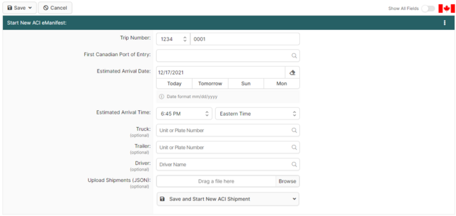 Start New ACI eManifest Page (ACI eManifest) - BorderConnect Wiki