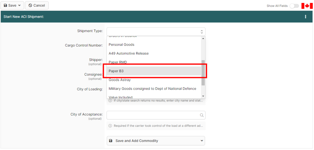 Paper B3 (CBSA Shipment Type) - BorderConnect Wiki