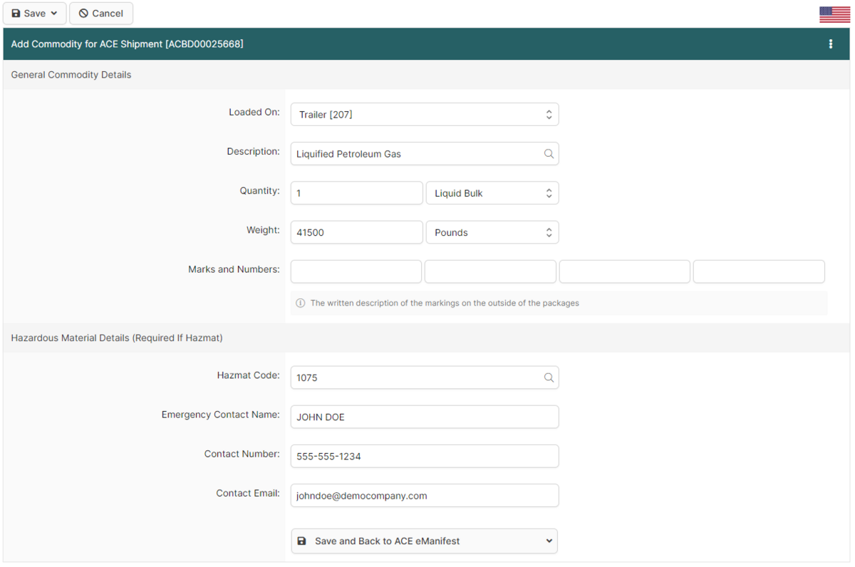 Add/Edit Commodity for ACI Shipment Page (ACI eManifest ...