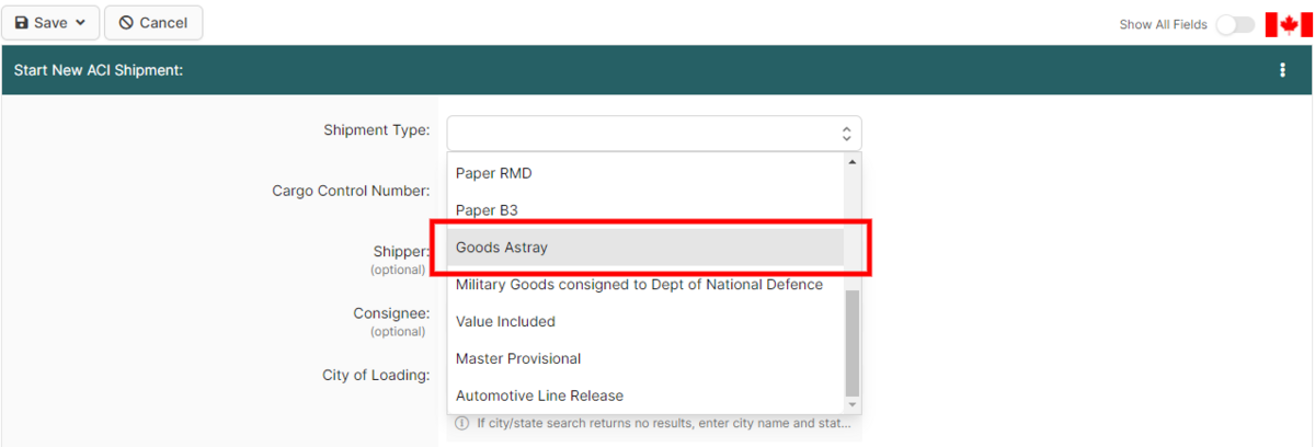 Goods Astray (CBSA Shipment Type) - BorderConnect Wiki