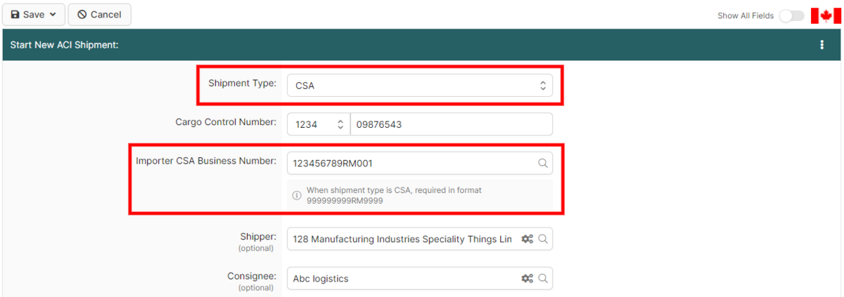 CSA (CBSA Shipment Type) - BorderConnect Wiki