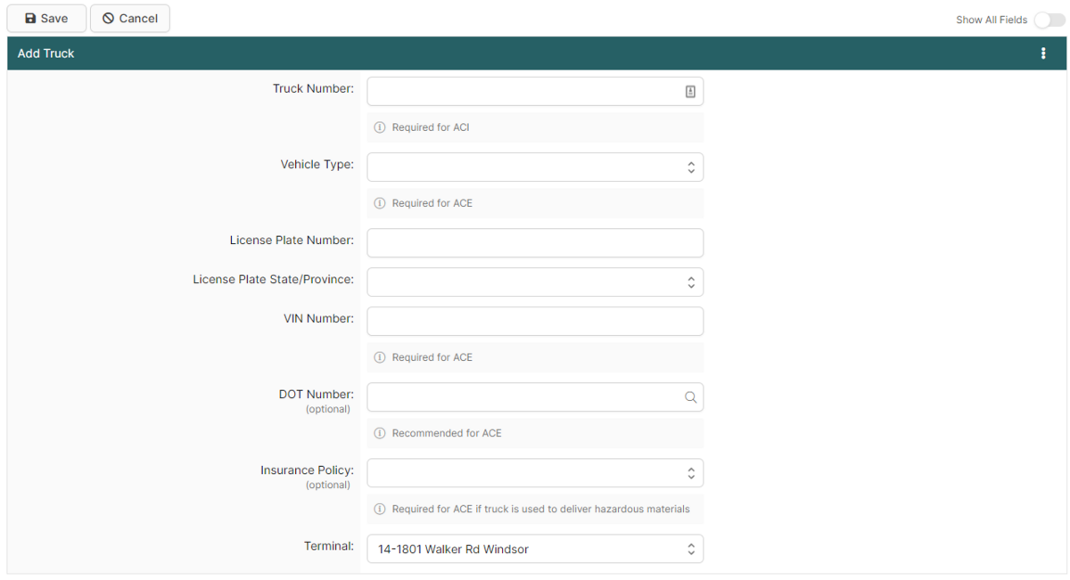 Add Truck Page (ACE and ACI eManifest) - BorderConnect Wiki