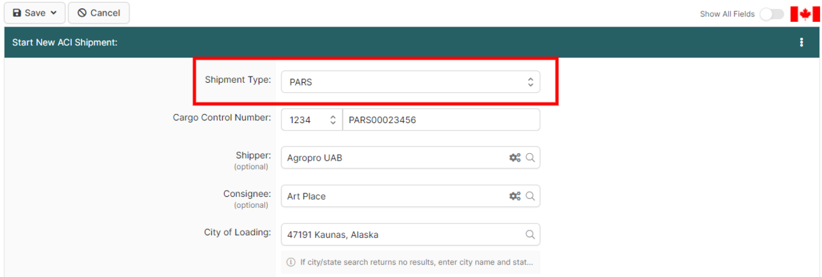 PARS (CBSA Shipment Type) - BorderConnect Wiki