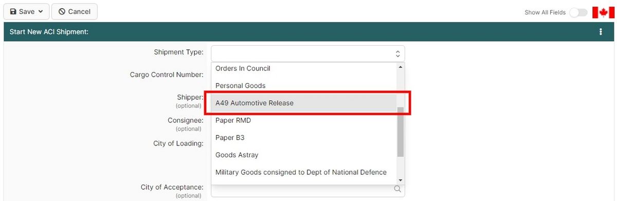 Automotive Line Release (CBSA Shipment Type) - BorderConnect Wiki