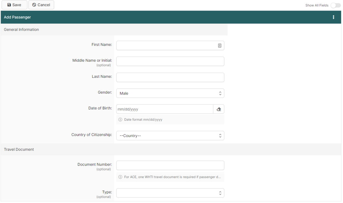 Add Passenger Page (ACE and ACI eManifest) - BorderConnect Wiki